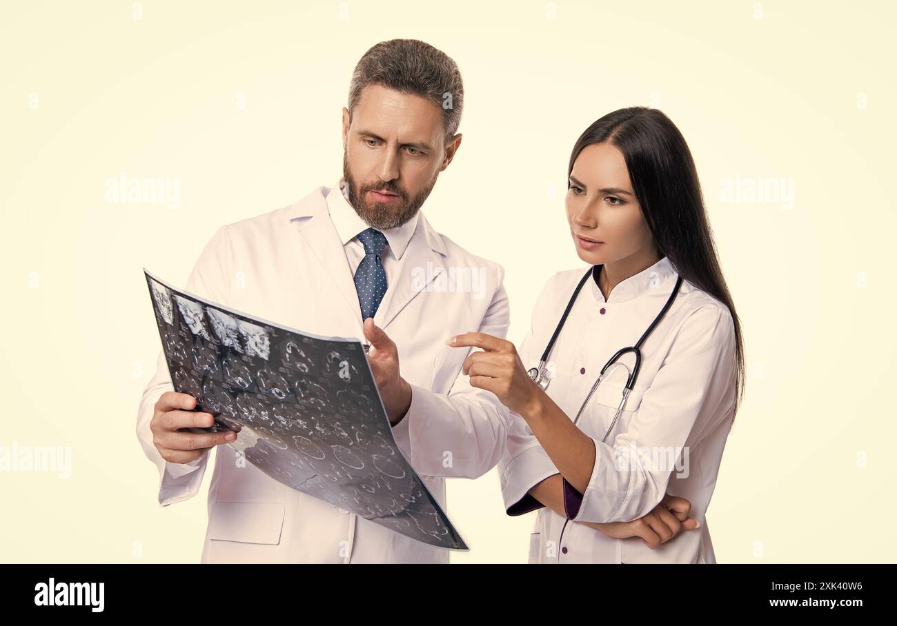 Medicine doctor look at mri isolated on white. Doctor analyzing brain ...