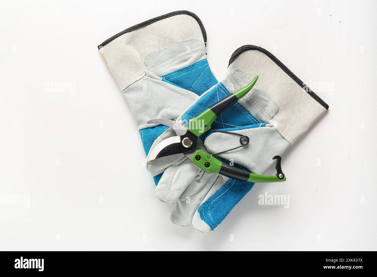 Green secateurs with gloves on white background Stock Photo - Alamy