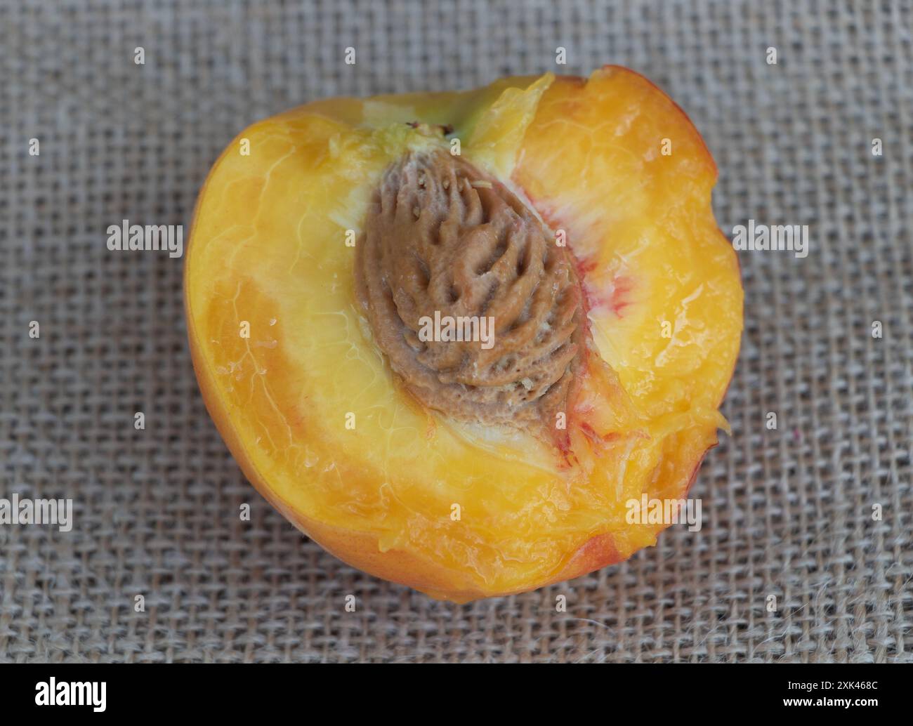 A peach cut in half with the pit still attached, resting on burlap ...
