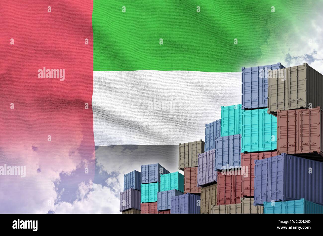 United Arab Emirates flag and big stack of shipping cargo containers in ...