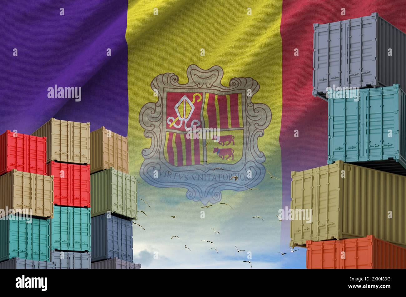 Andorra flag and big stack of shipping cargo containers in docks with ...