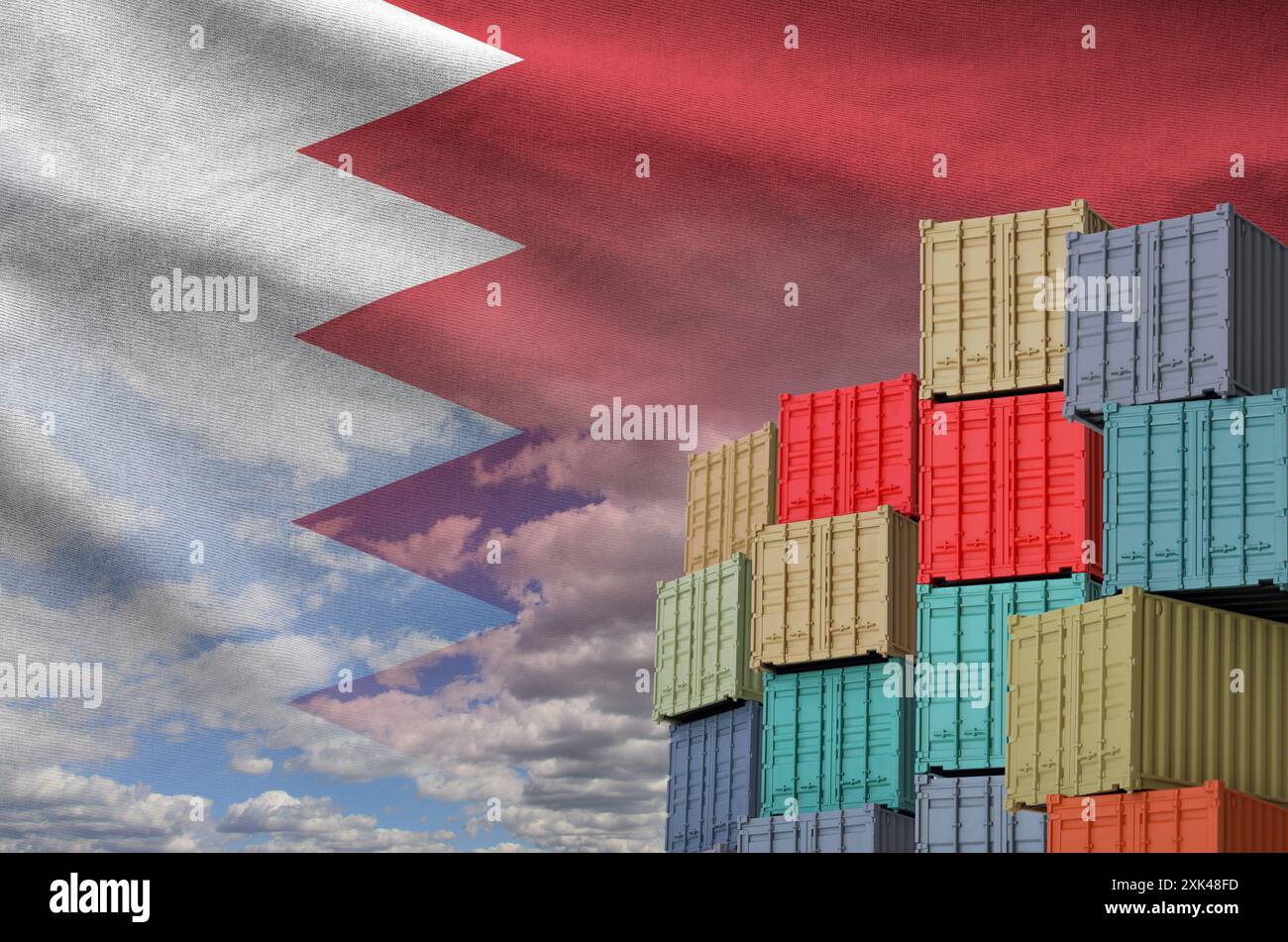 Bahrain flag and big stack of shipping cargo containers in docks with ...