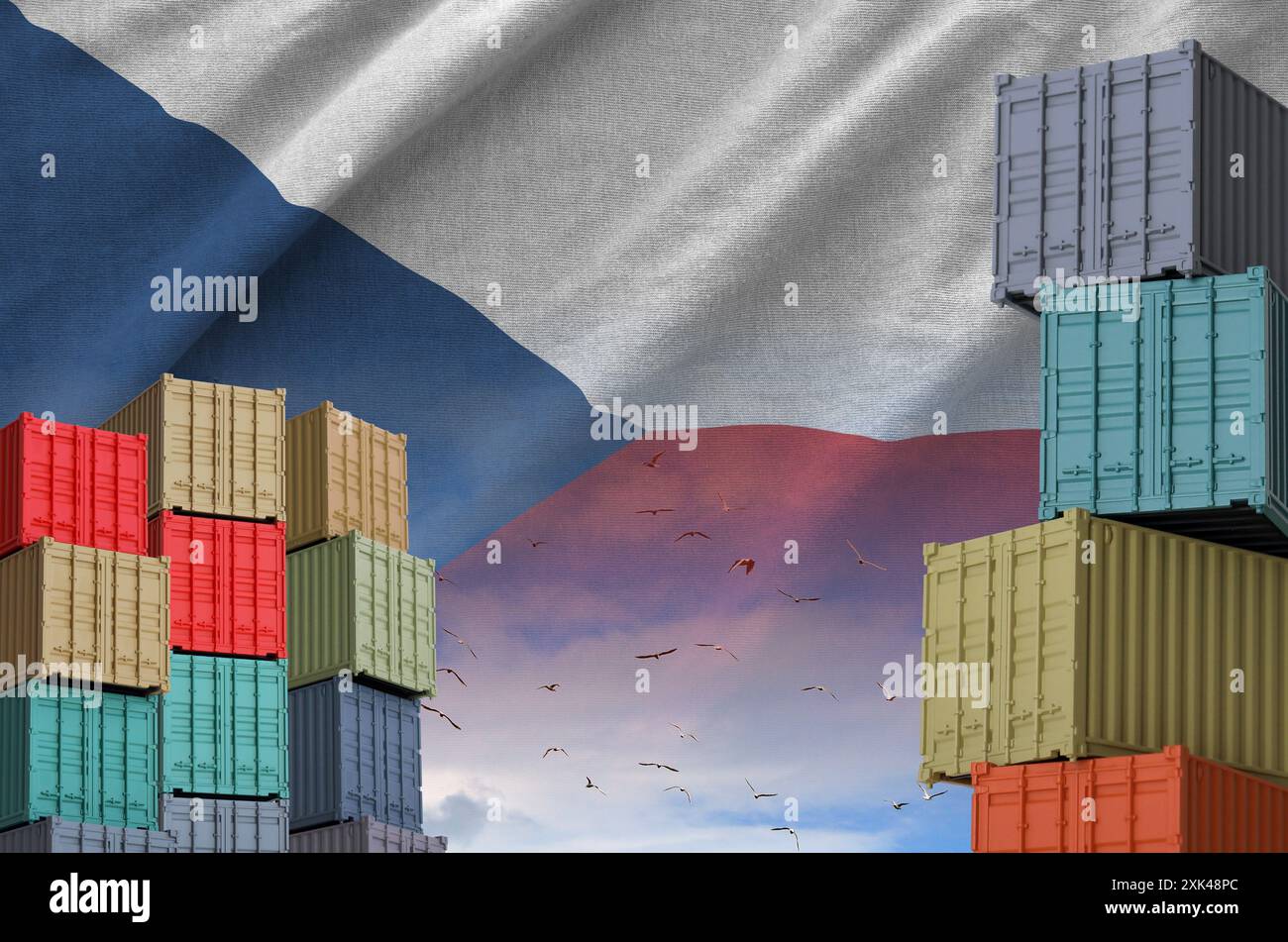 Czech flag and big stack of shipping cargo containers in docks with sky ...