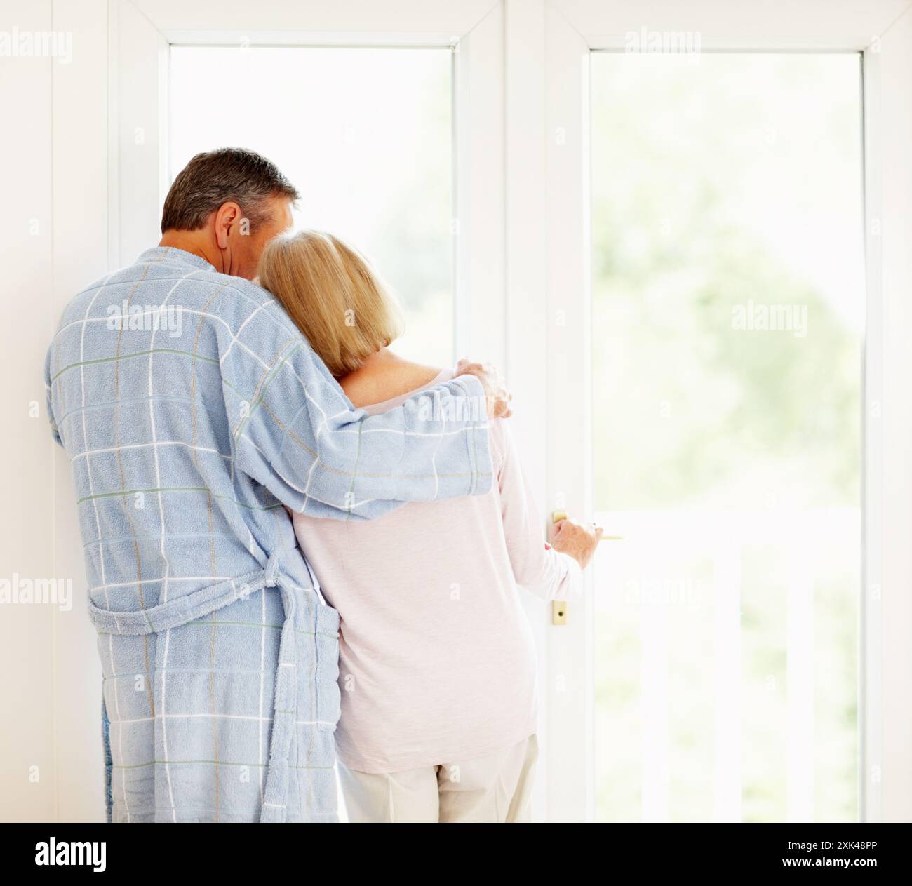 Senior couple, back and hug with love relationship, marriage and safety ...