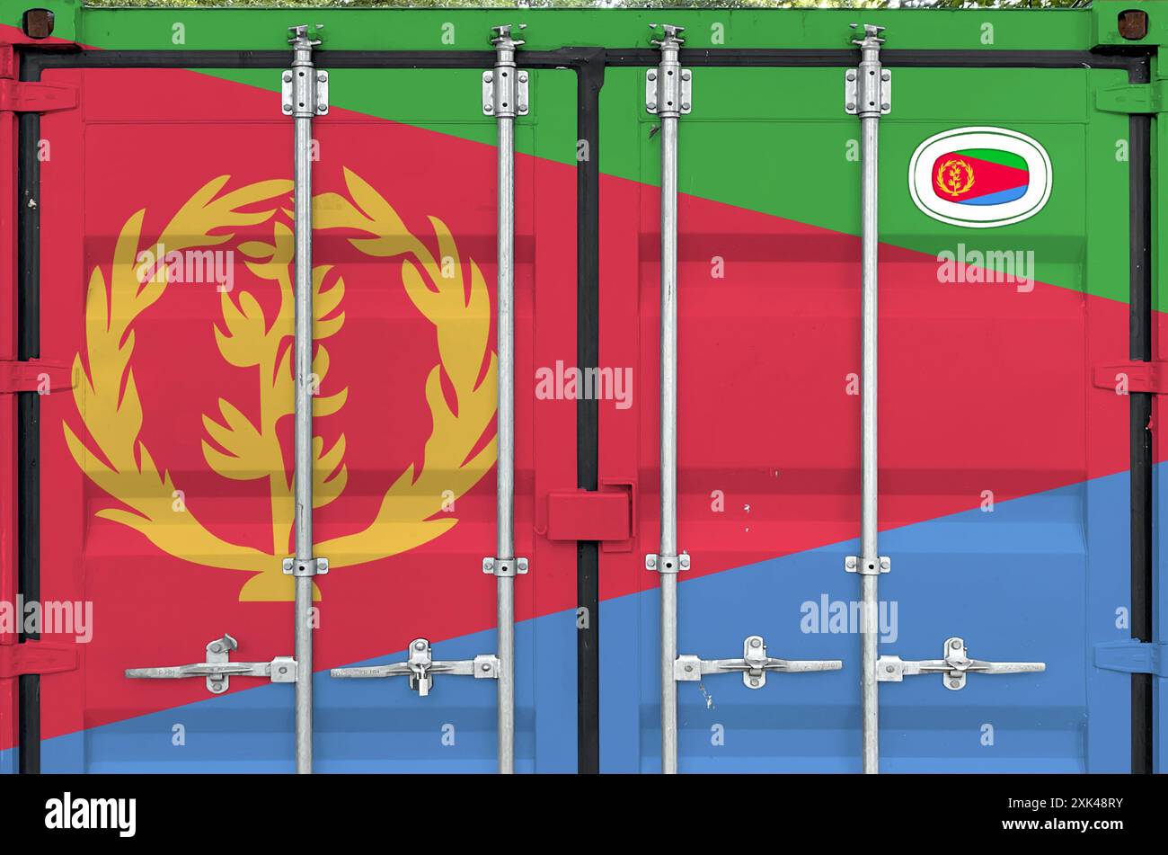 Eritrea flag depicted on metal doors of shipping cargo container ...
