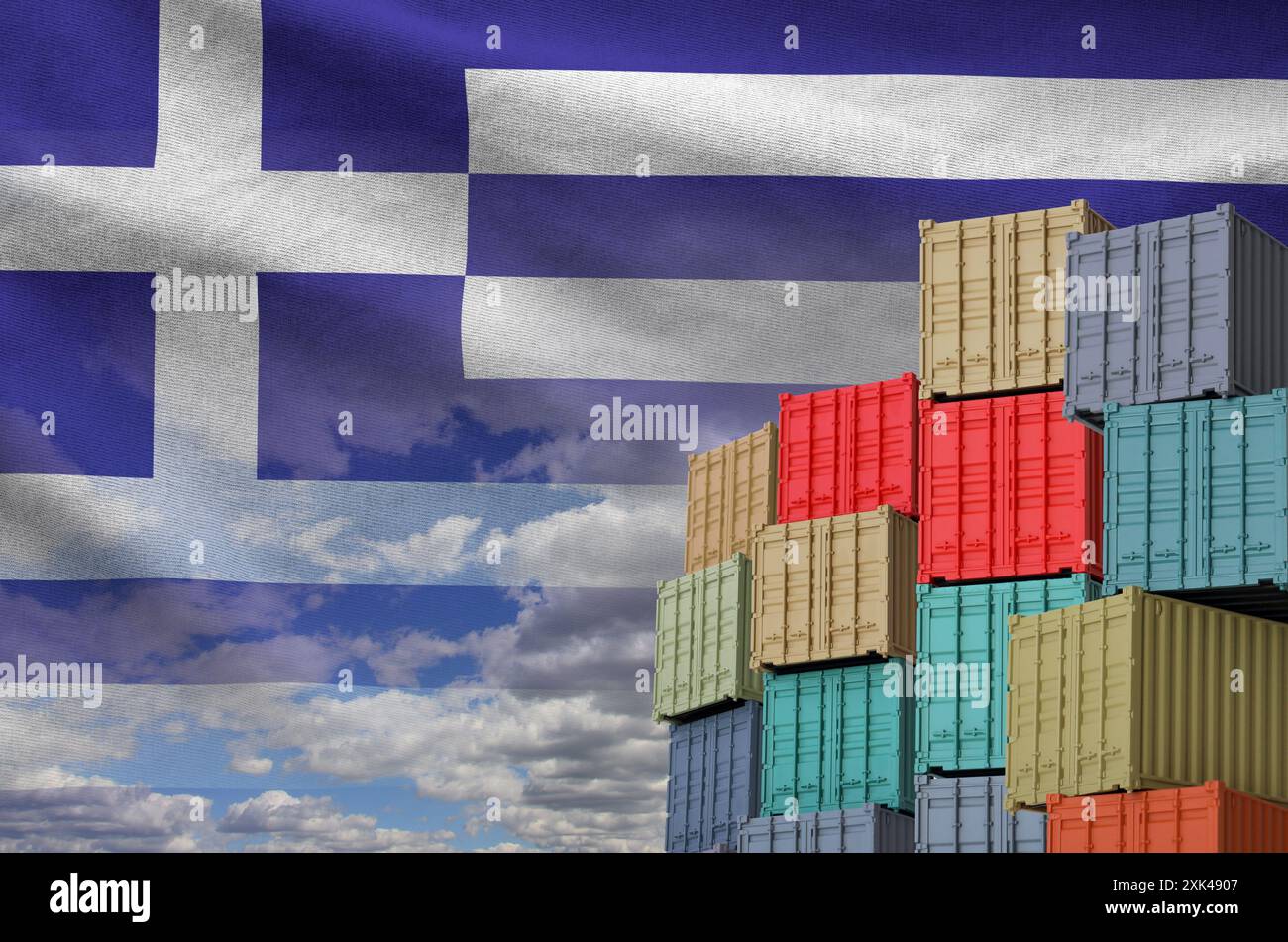 Greece flag and big stack of shipping cargo containers in docks with ...