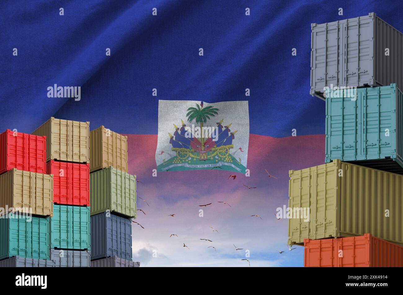 Haiti flag and big stack of shipping cargo containers in docks with sky ...