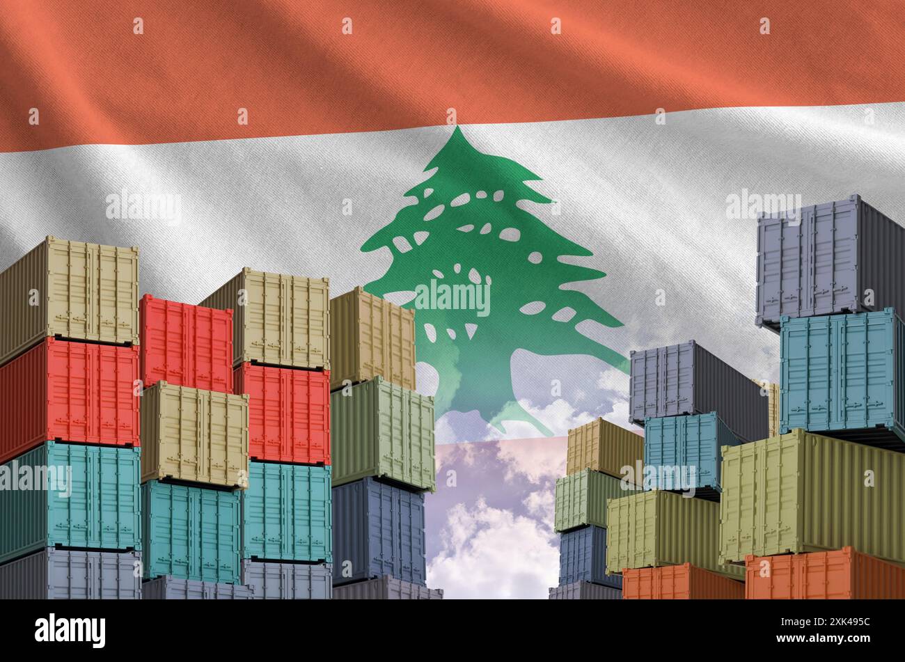 Lebanon flag and big stack of shipping cargo containers in docks with ...