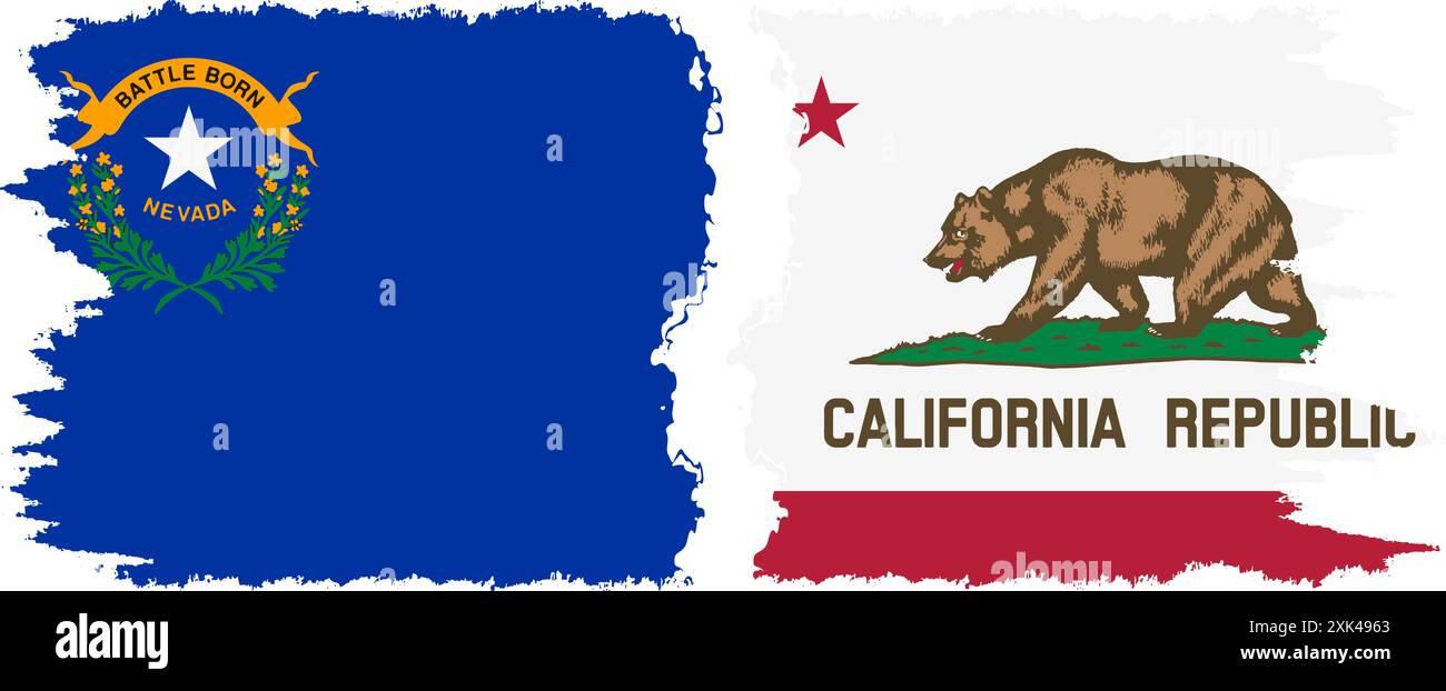 California and Nevada states grunge brush flags connection, vector ...