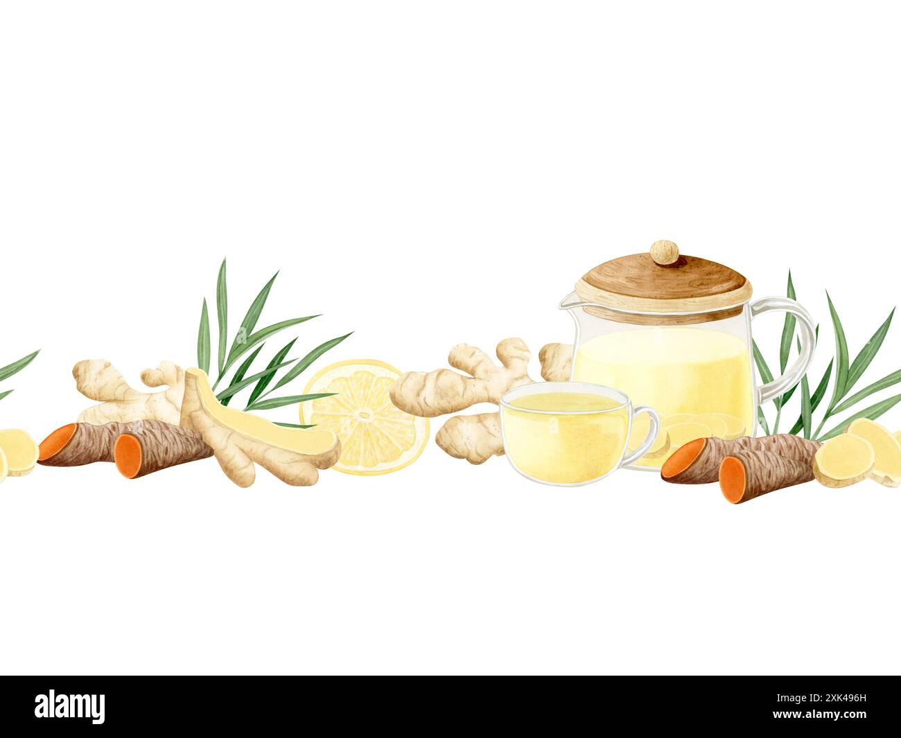 Ginger turmeric tea in glass teapot and cup watercolor seamless border ...