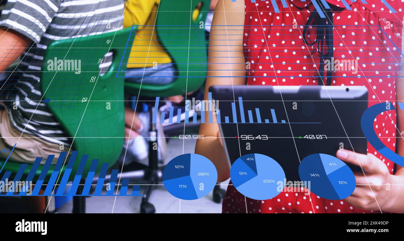 Image of digital interface with charts and graphs moving over smiling ...