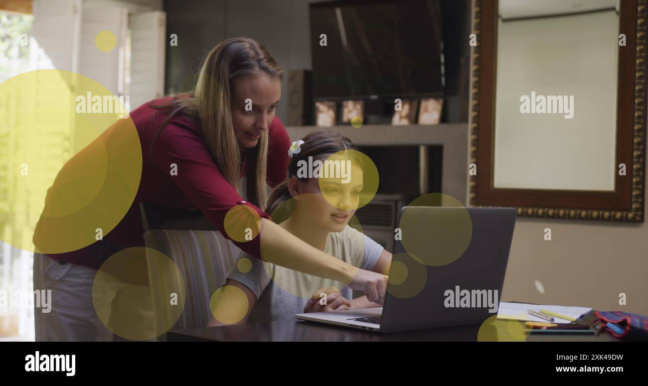 Image of connections over happy diverse students using technology at ...