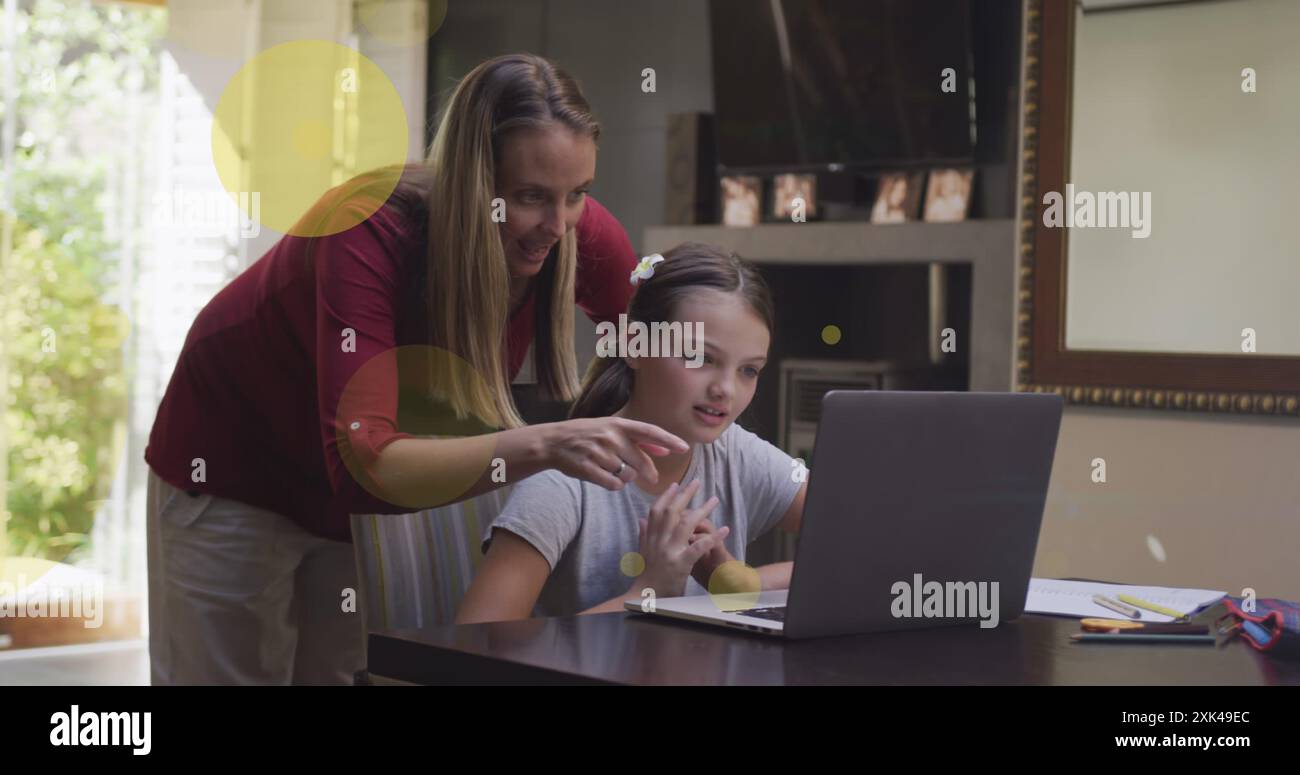 Image of connections over happy diverse students using technology at ...