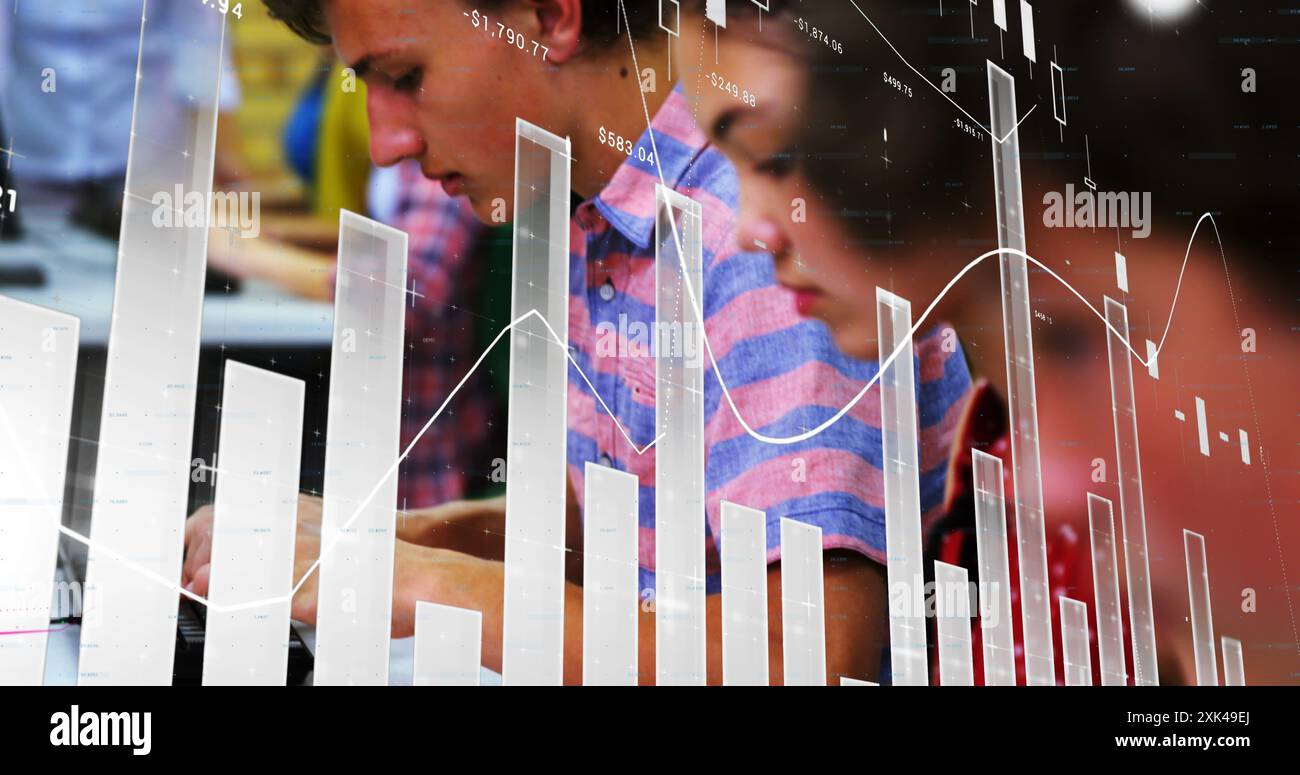 Image of digital interface with charts and graphs moving over smiling ...
