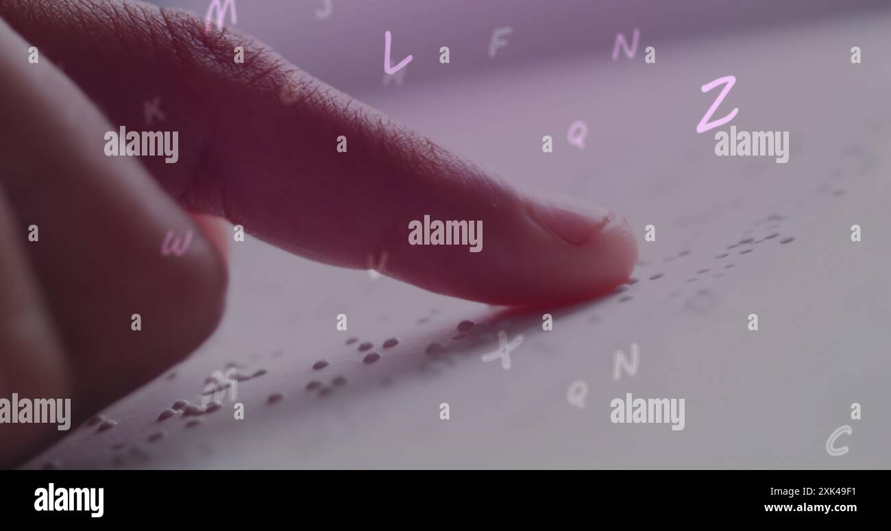 Image of multiple alphabets floating over close up of a finger reading in braille. School and ...