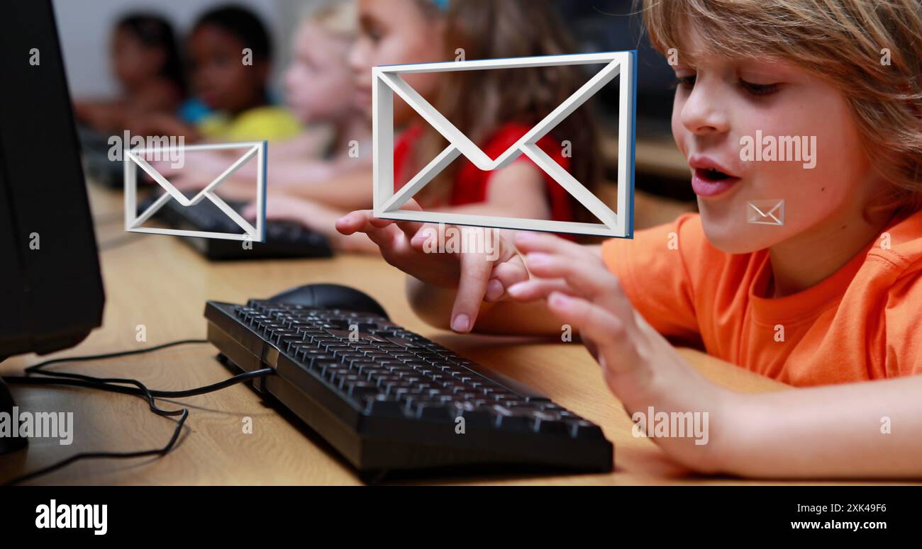 Image of envelope mail icons moving over a group of primary school ...