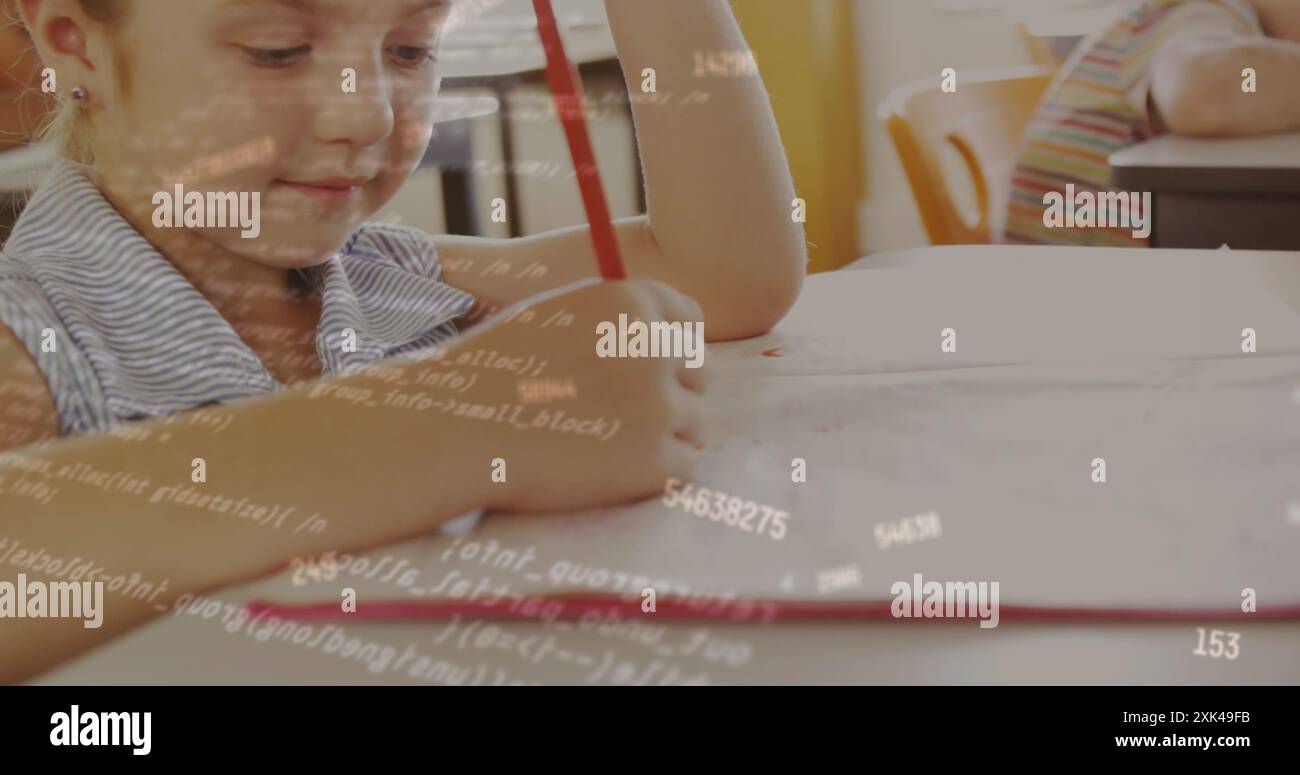 Image of multiple changing numbers over caucasian girl studying in the ...