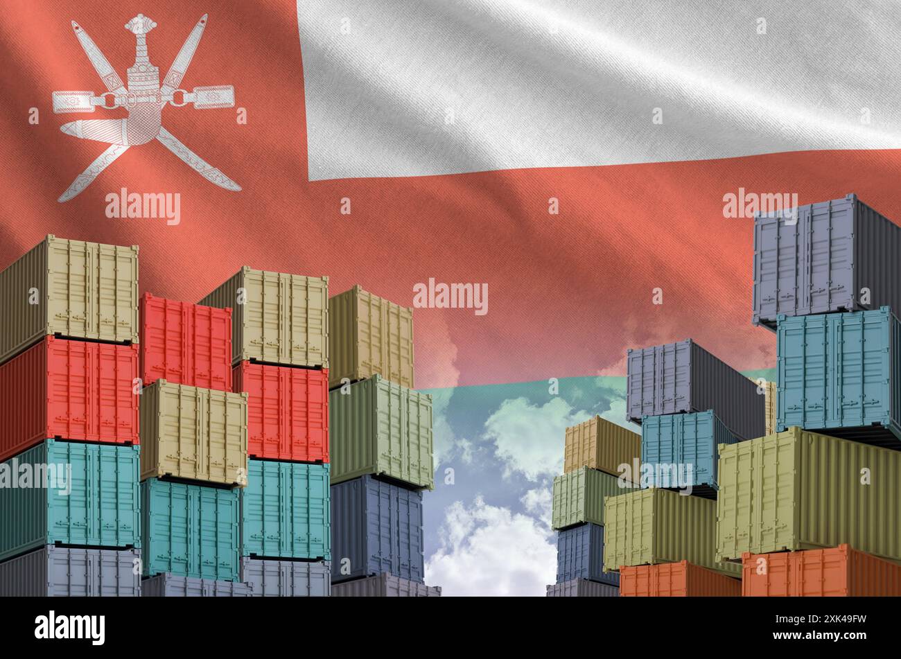 Oman flag and big stack of shipping cargo containers in docks with sky ...