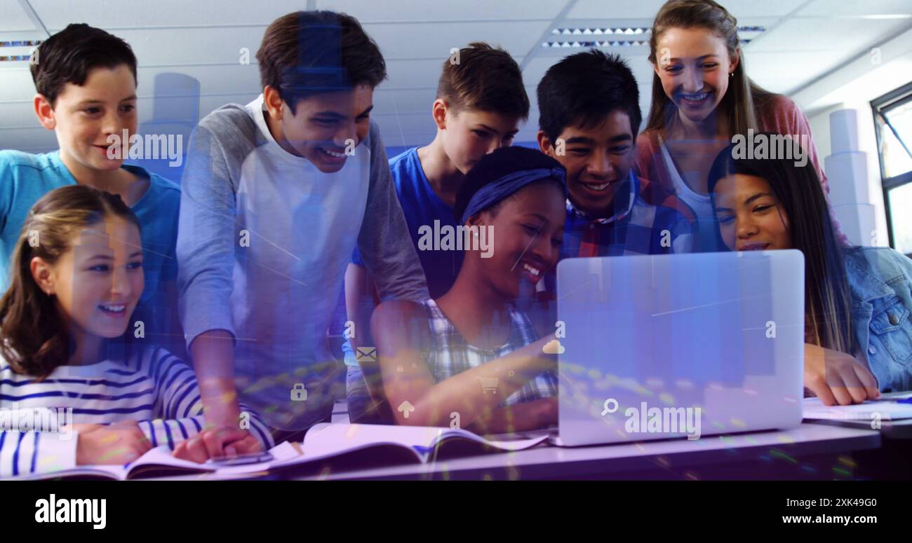 Image of envelope mail icons moving over smiling group of secondary ...