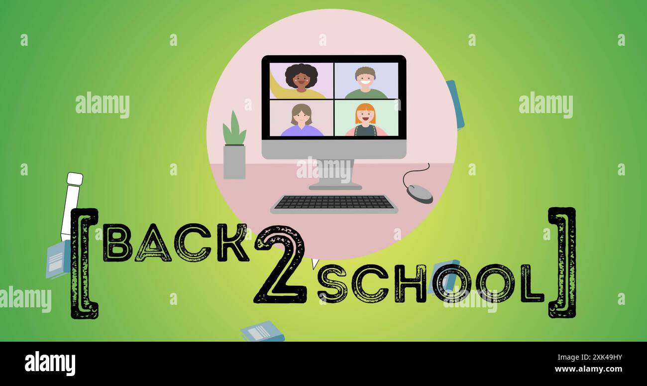 Image of back 2 school text over school items icons on green background ...