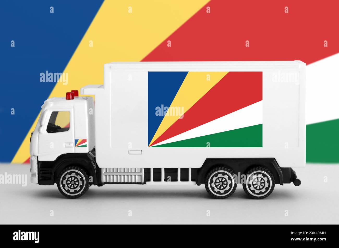Seychelles flag depicted on side wall of white delivery van close up ...
