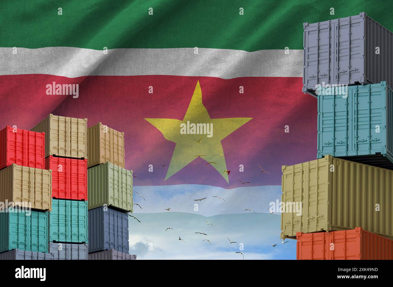 Suriname flag and big stack of shipping cargo containers in docks with ...
