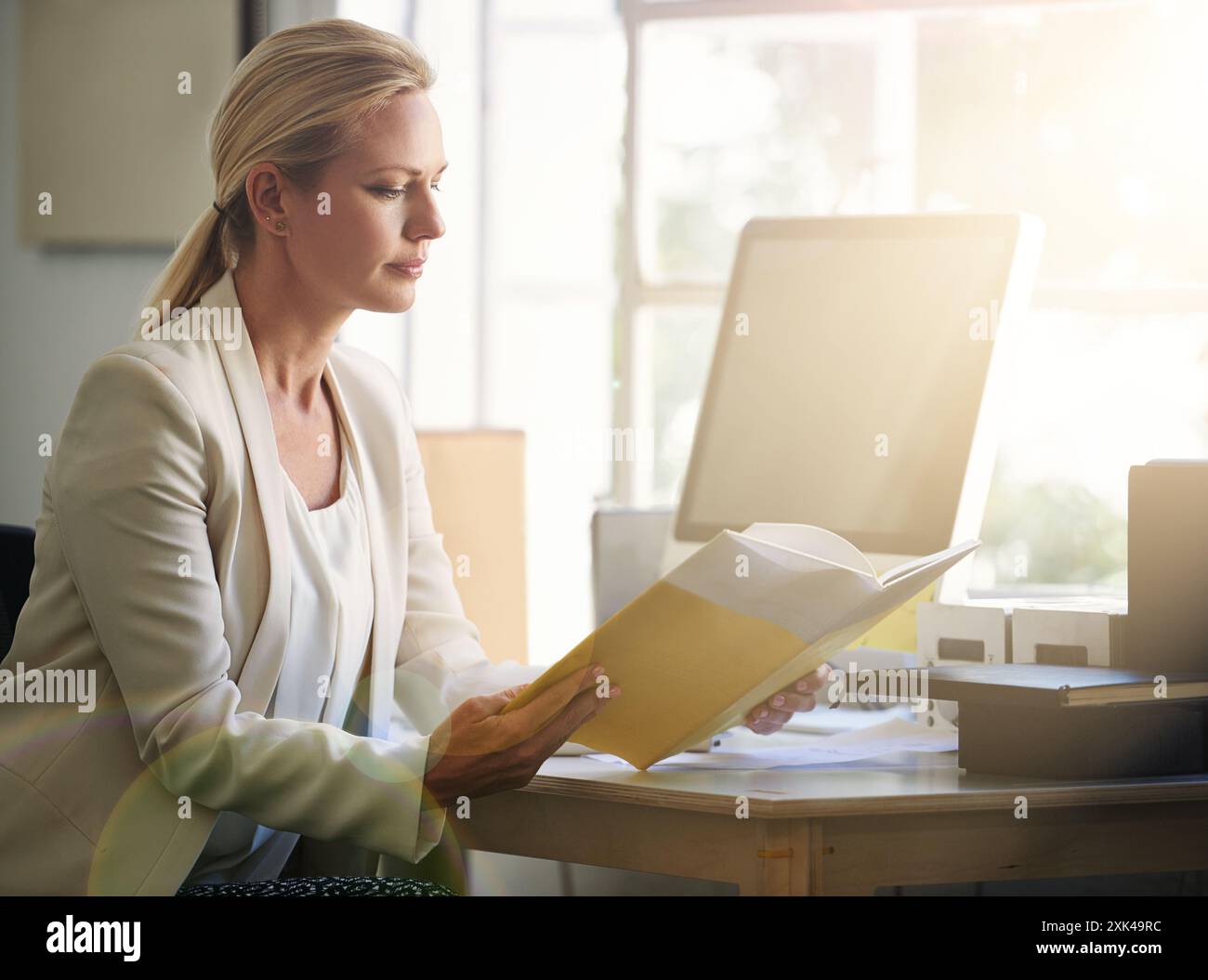 Woman, business and office or read document, professional editor and ...