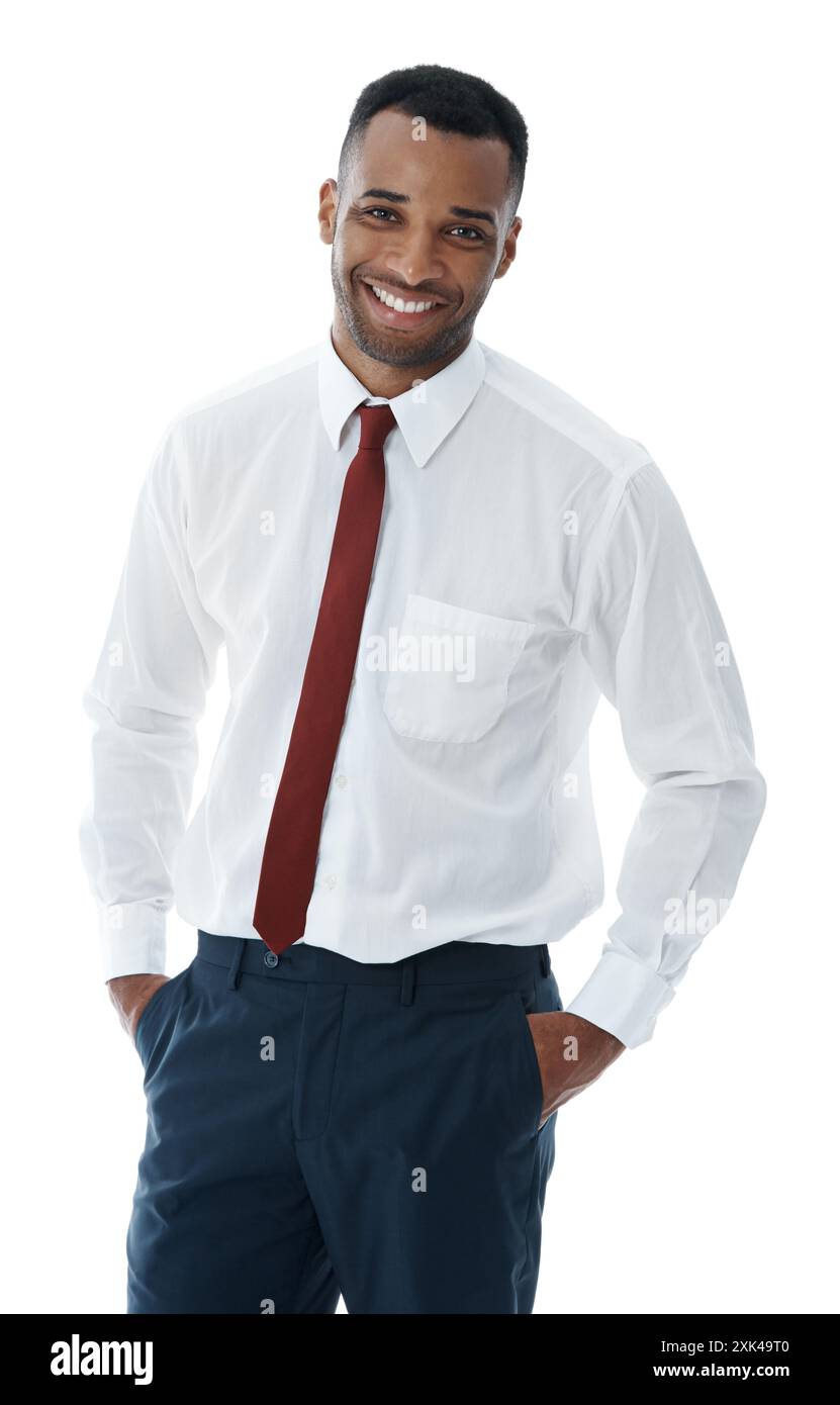 Portrait, smile and business with black man, employee and happy model ...