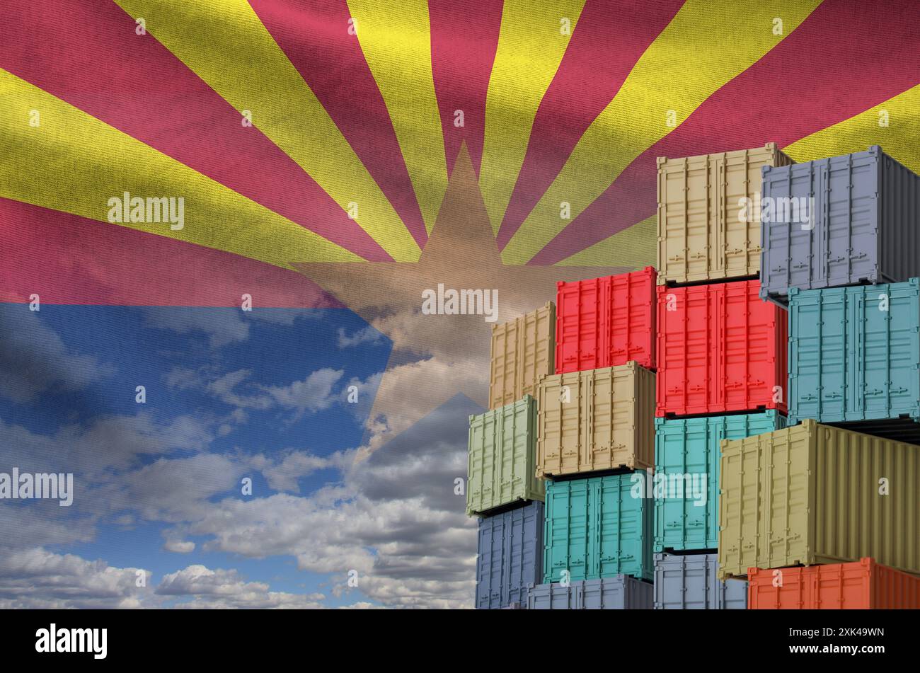 Arizaona US state flag and big stack of shipping cargo containers in ...