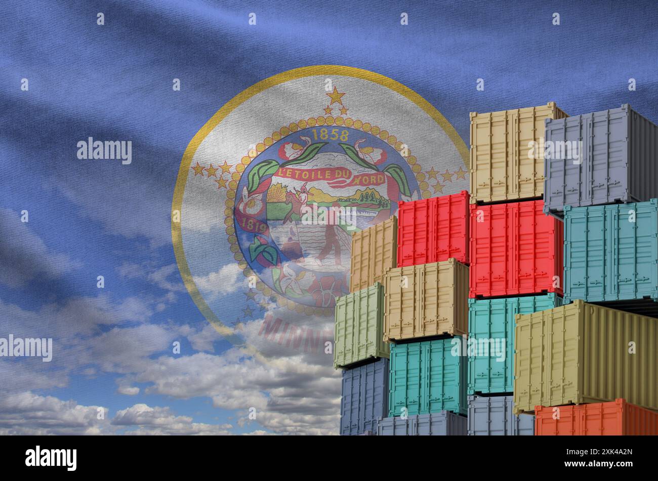 Minnesota US state flag and big stack of shipping cargo containers in ...