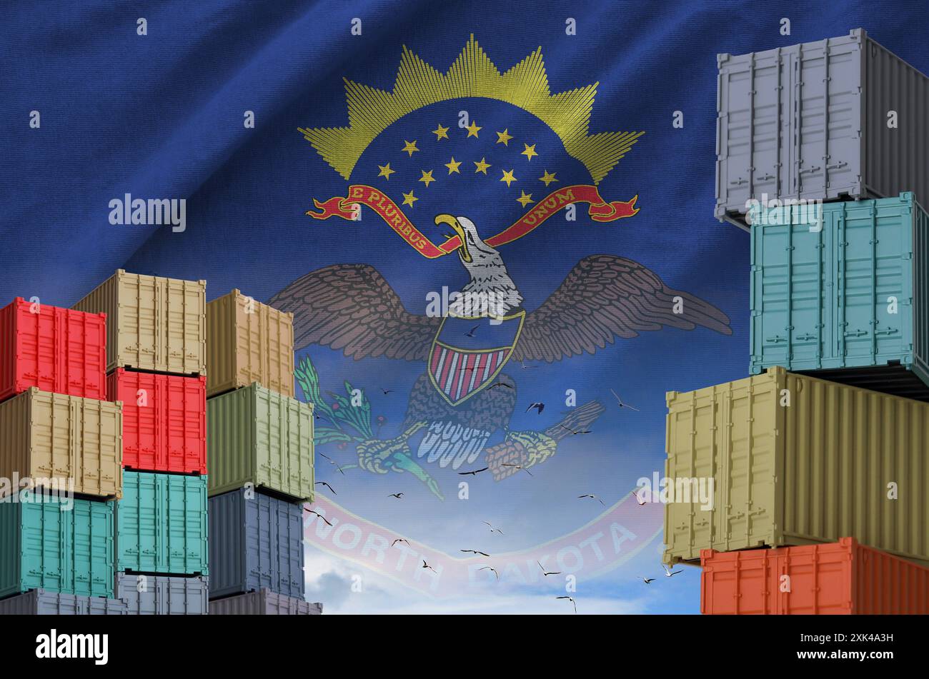 North Dakota US state flag and big stack of shipping cargo containers ...