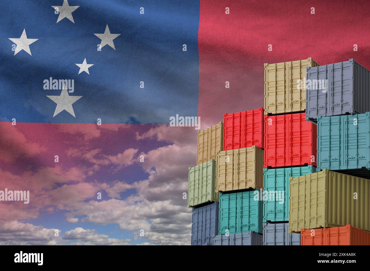 Samoa flag and big stack of shipping cargo containers in docks with sky ...