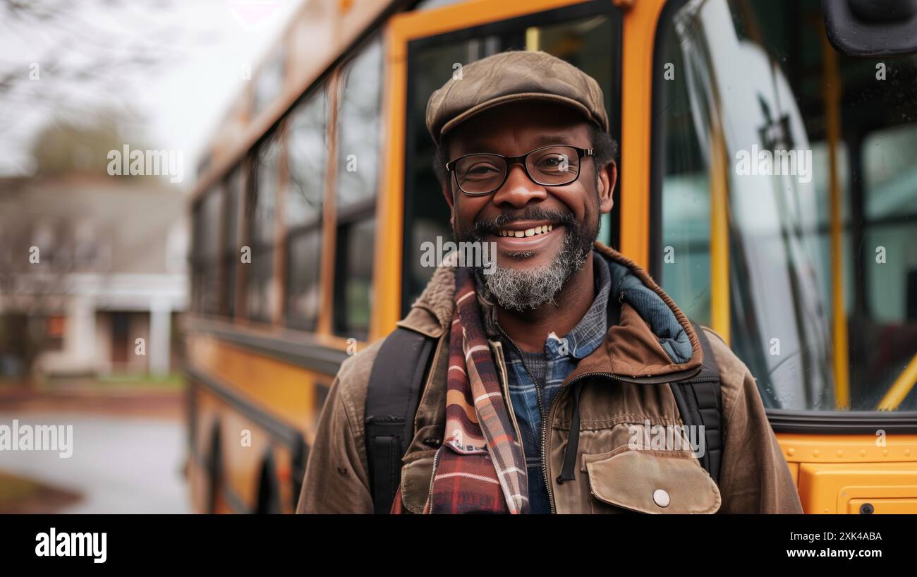 A smiling bus driver proudly stands in front of his vehicle, ready for ...