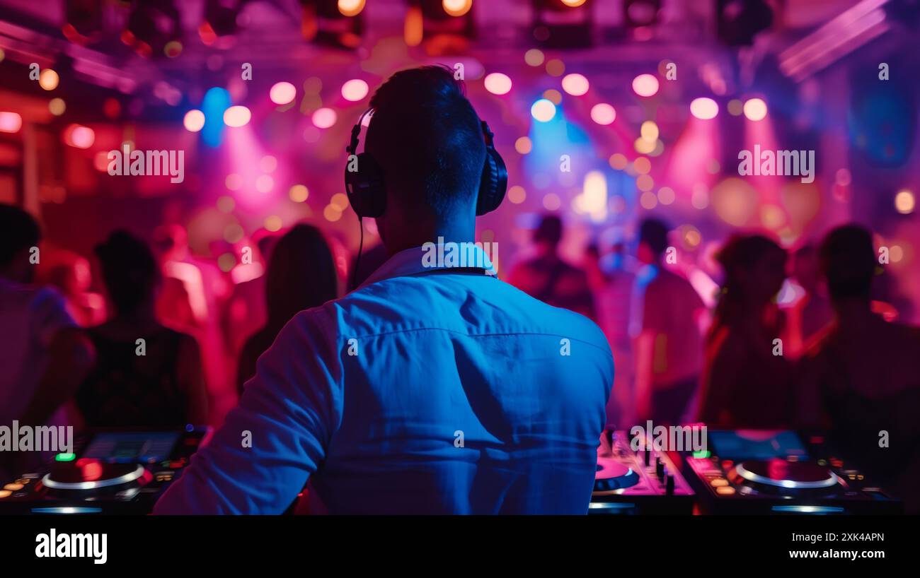 A man's DJ set overlooks a vibrant crowd dancing in a club, creating an ...