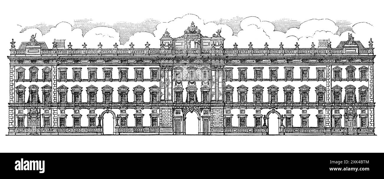 1854 vintage engraving of the front elevation of Buckingham Palace ...