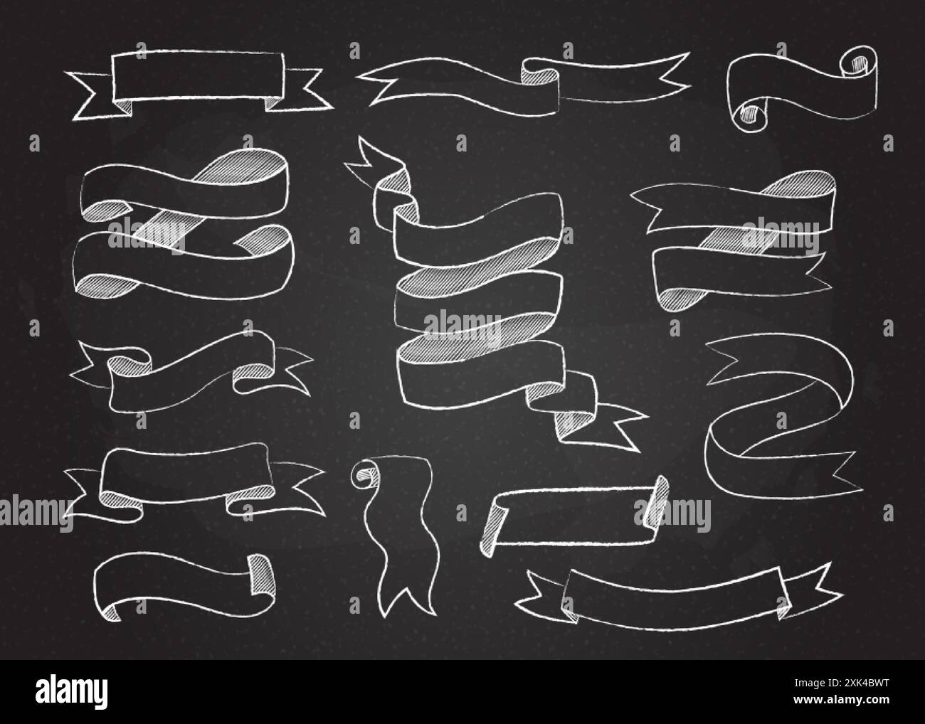 Chalk style sketchy ribbon set vector illustration. Hand drawn elegant ...
