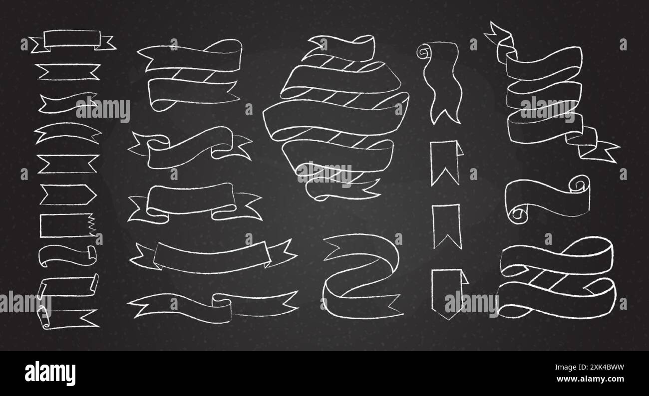 Chalk line hand drawn banner set vector illustration. Black chalkboard ...