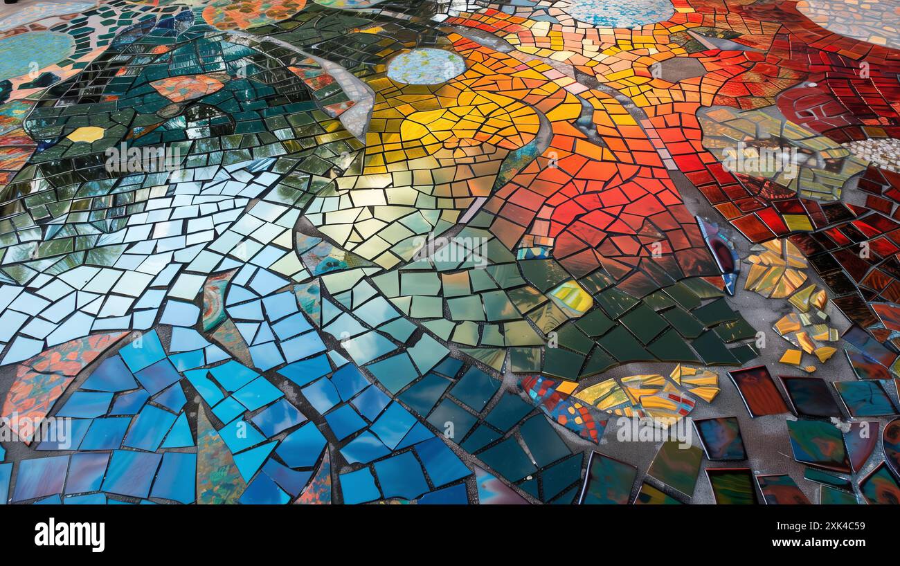 A colorful, abstract-patterned mosaic centerpiece, its fragmented tiles ...