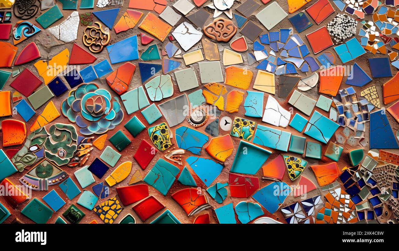 A colorful mosaic centerpiece featuring interlocking tiles, each ...
