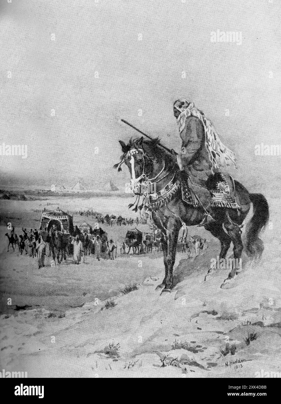 Halftone of an Arab tribesman oversighting a caravan travelling through ...