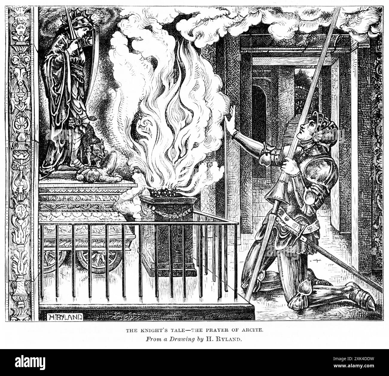 Engraving of the knight Arcite praying to Mars, from Chaucer's Canterbury Tales, published 1884 ...