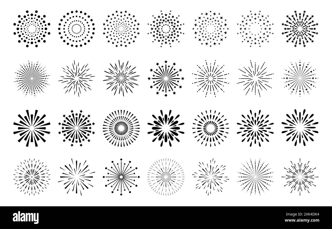 Abstract burst contour pattern fireworks set. Black star shaped ...