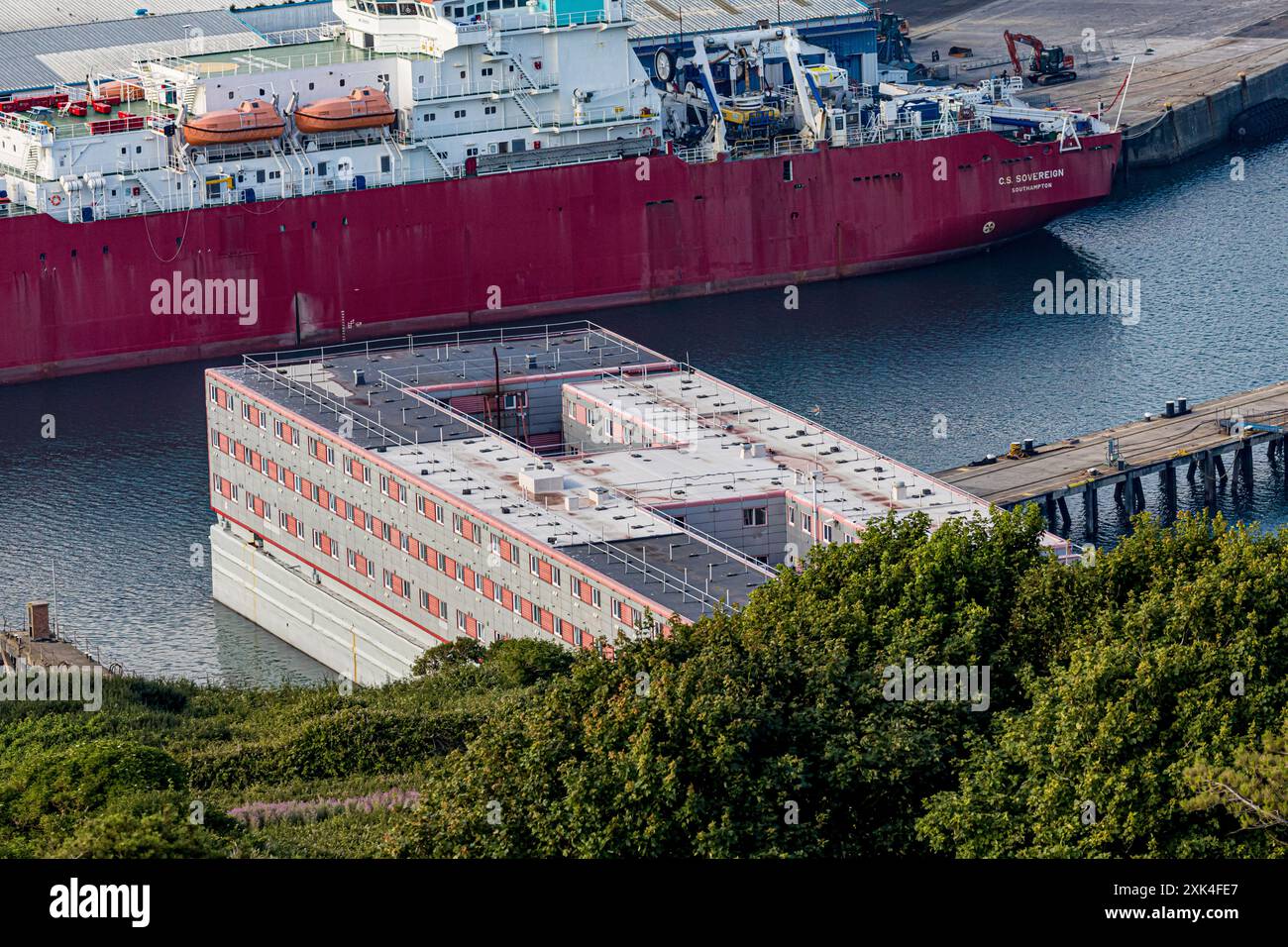 General view from above of the Bibby Stockholm asylum seekers barge ...