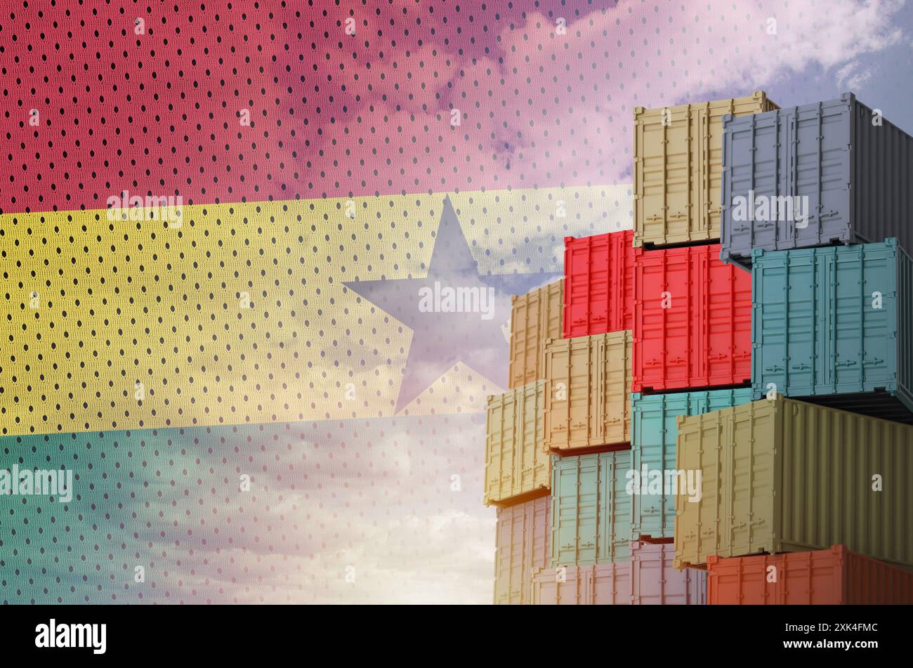 Ghana flag and big stack of shipping cargo containers in docks with sky ...