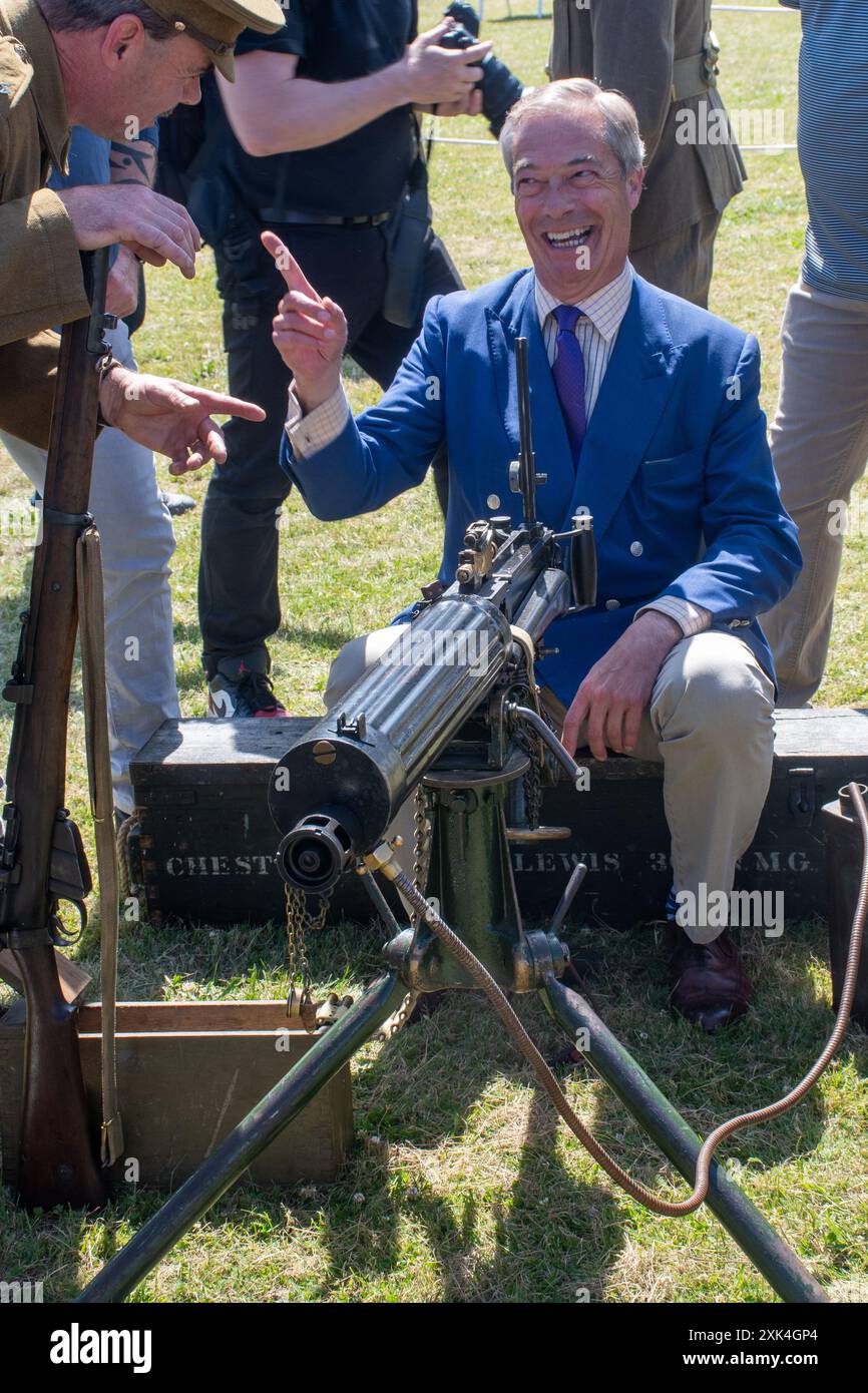 COLCHESTER ENGLAND June 29 2024: Nigel Farage wagging finger with world ...