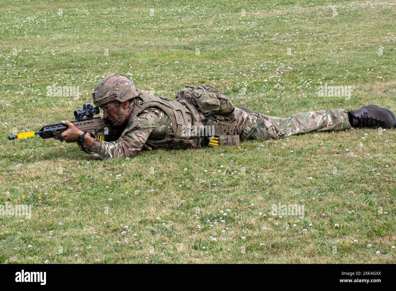 COLCHESTER ENGLAND June 29 2024: Assault Rifleman lying pointing gun ...