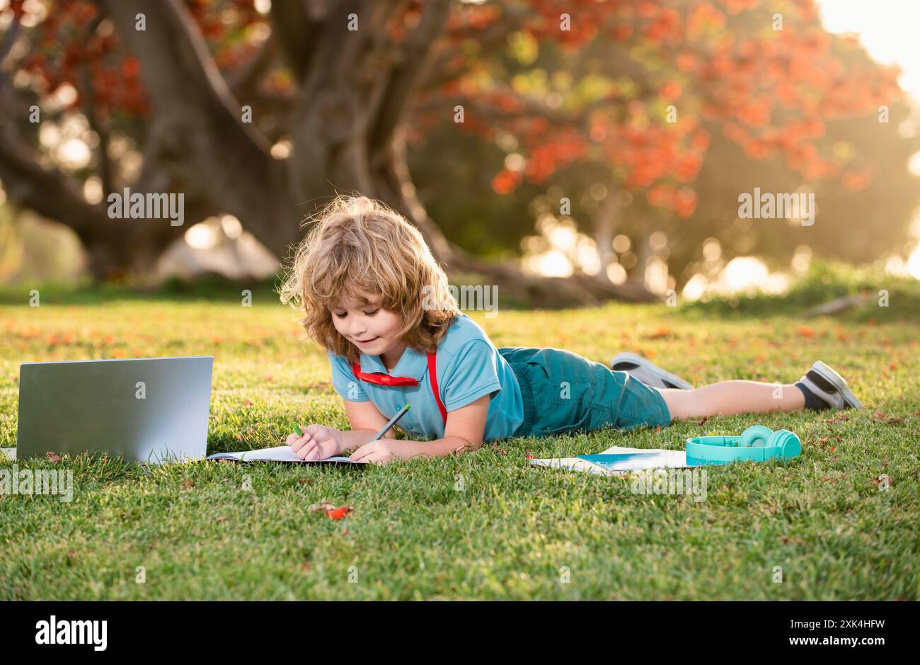 Outdoor education. Elementary school student boy doing homework in park ...