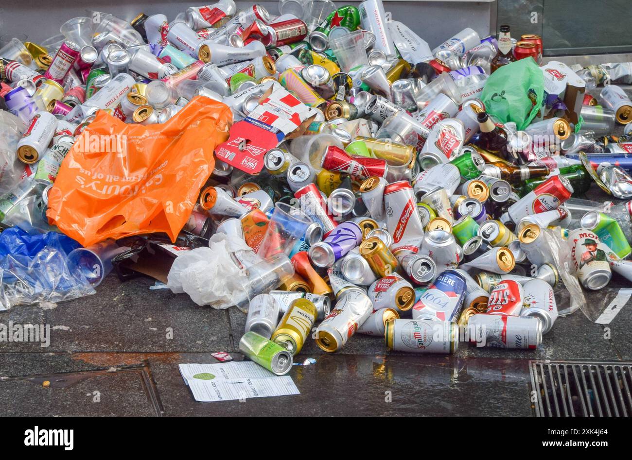 London, UK. 14th July 2024.A pile of discarded beer cans and other ...