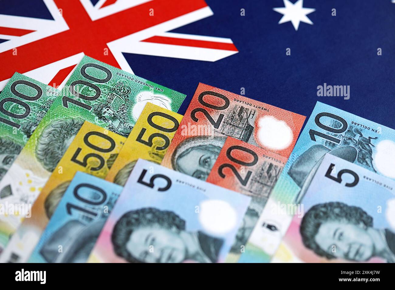 KYIV, UKRAINE - JULY 10, 2024 Australian Dollar bills on table close up ...