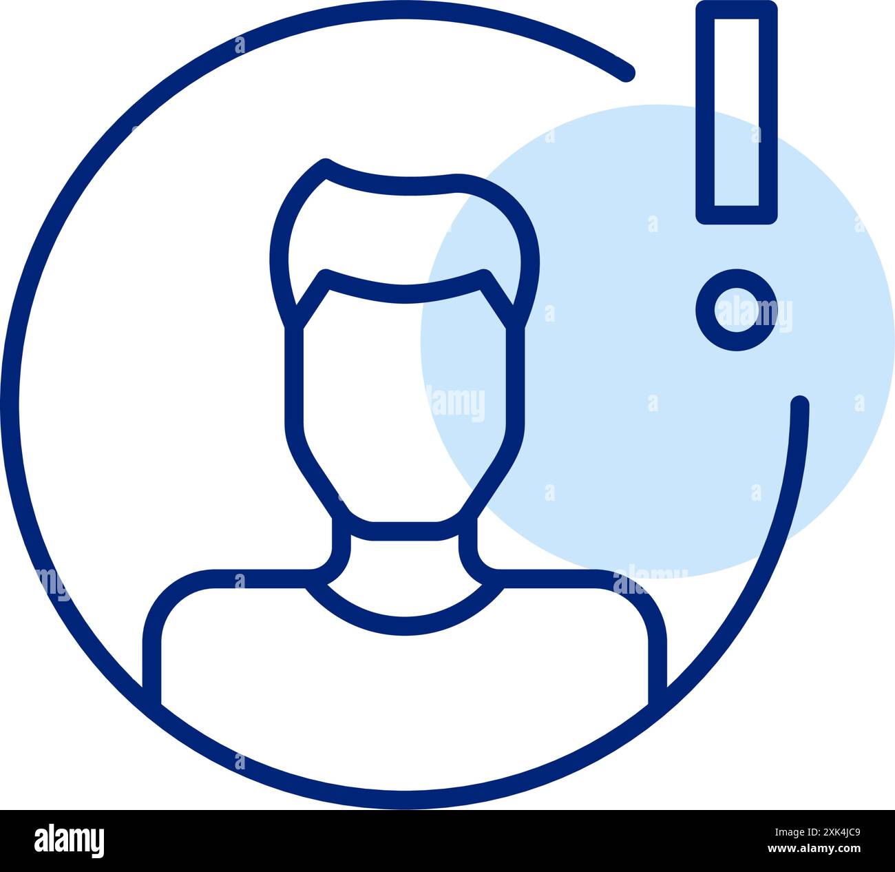 Male user avatar and exclamation mark. User warning, important security notification. Pixel ...